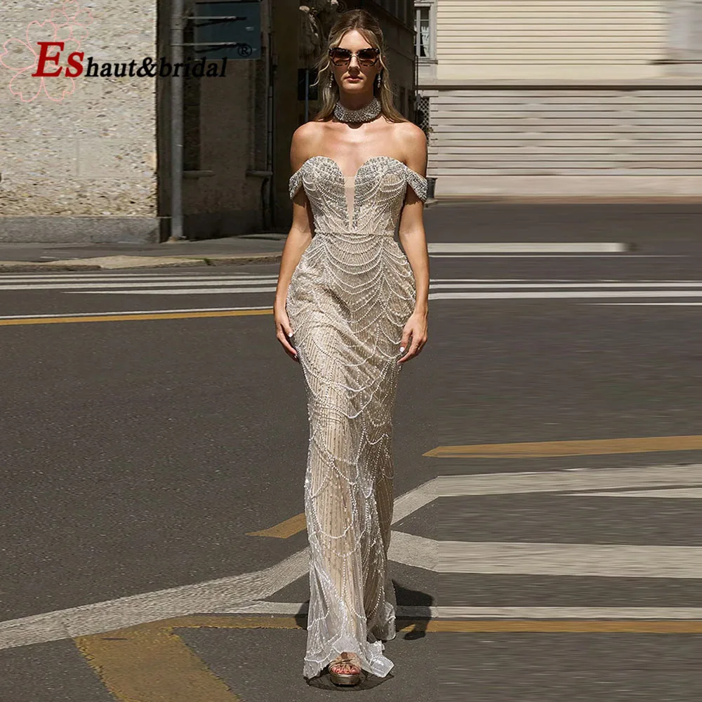 Women's Dubai Luxury Pearls Mermaid Formal Prom Evening Dress Elegant ...