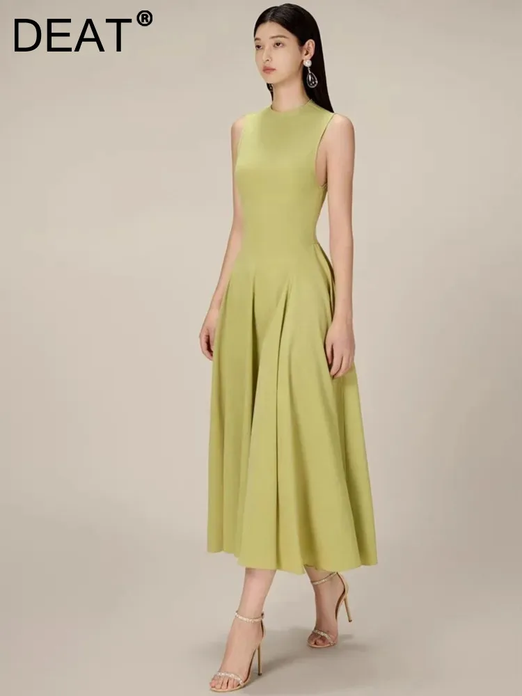 DEAT-Women-s-Fashion-Dress-O-neck-Sleeveless-Solid-Color-Pleated-Waist ...