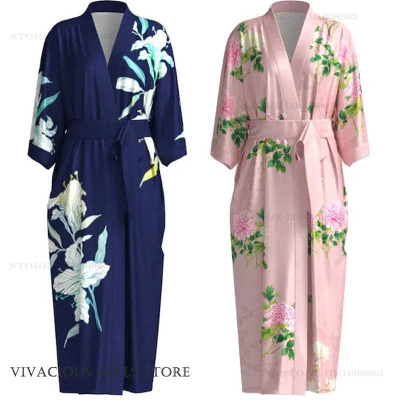 Female Long Robe Ress Print Flower Kimono Bathrobe Gown Spring Summer ...