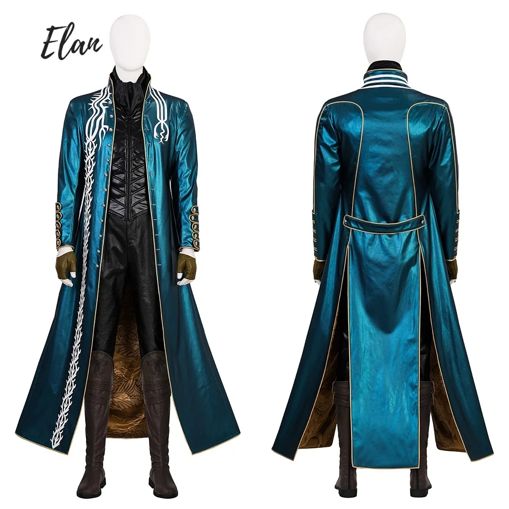 Blue Vergil Cosplay Costume Game DMC 3 Leather Coat Vest Pants Outfit ...