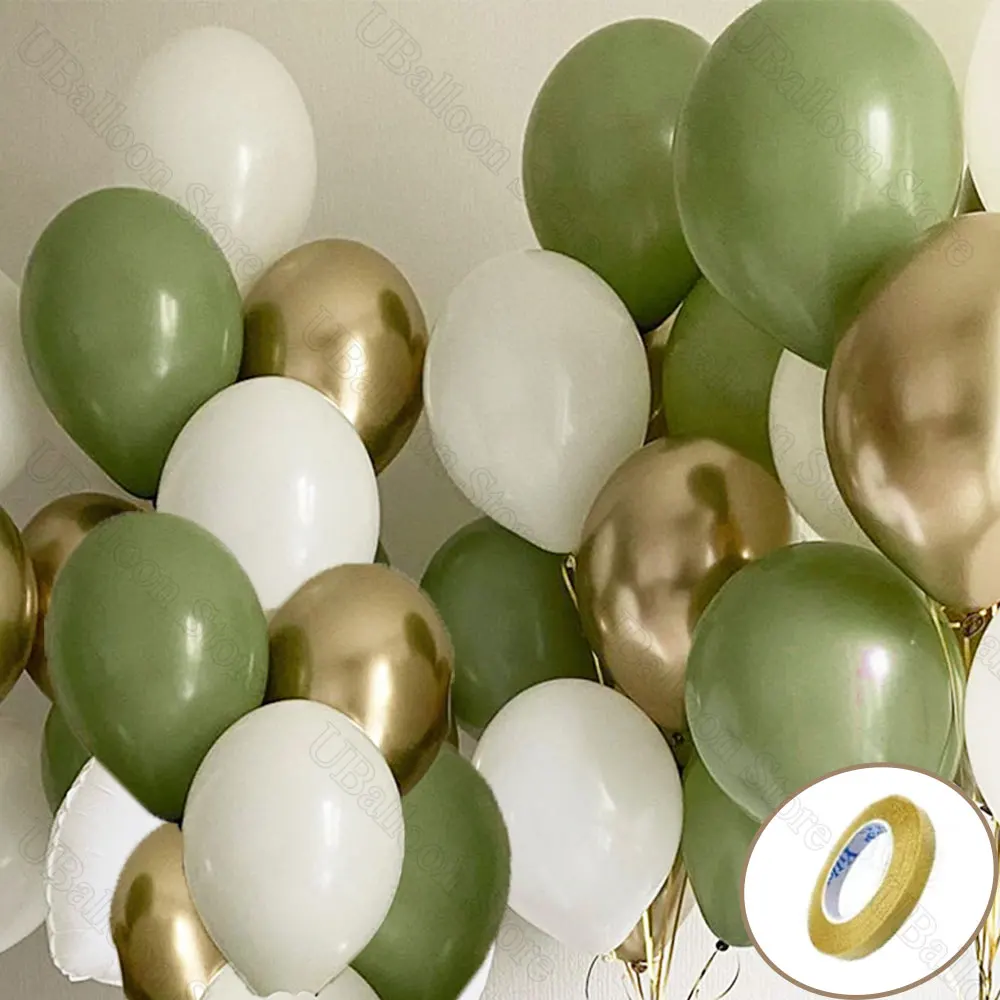 40Pcs Retro Avocado Green Balloons 10Inch Chrome Gold White Matt Sage ...