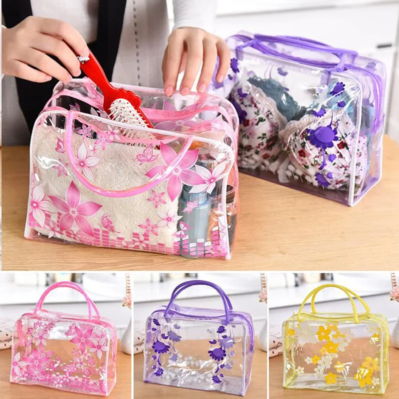 Portable Transparent PVC Makeup Bags Women's Floral Waterproof Cosmetic ...