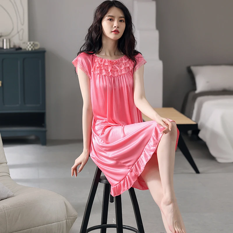 여성용 O-넥 잠옷, 섹시한 실크 루즈 반팔, 나이트 셔츠 드레스, 큰 야드, 4XL5XL, 우아한 레이스, 여성 수면복, 여름