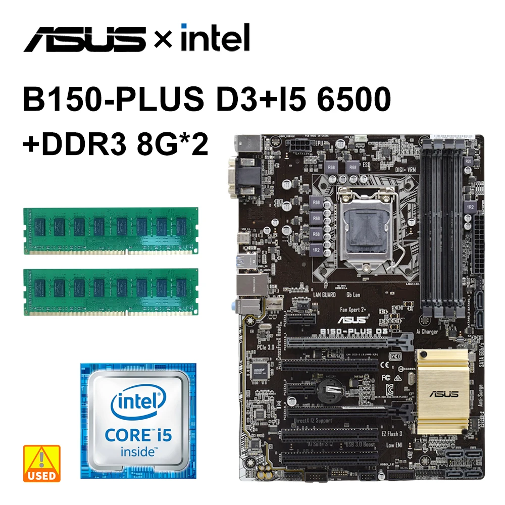 Asus LGA 1151 Kit Placa Mãe, B150 PLUS D3 + i5 6500 Cpu + DDR3, 8G x 2 ...
