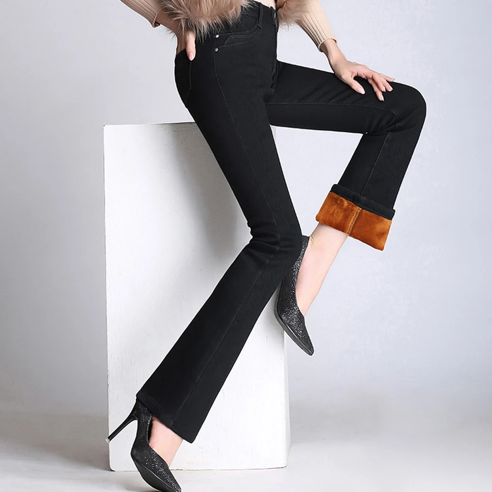 S To 5XL Oversize Fleece Flared Jeans Women Plush Thicken Slimming ...