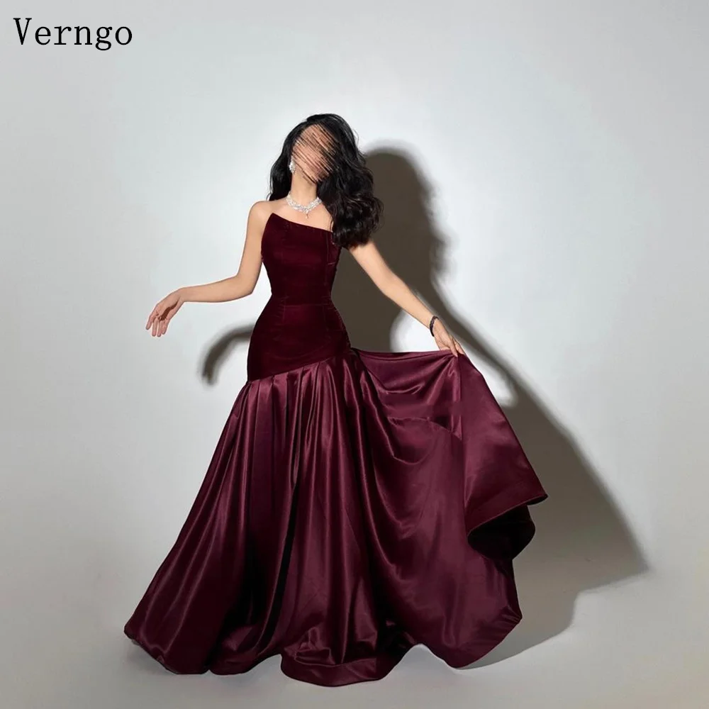 Verngo Burgundy Satin Evening Dress Strapless A Line Formal Saudi ...