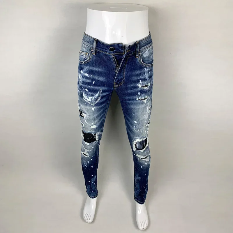 Trendy-High-Street-Style-Men-s-Jeans-Distressed-Blue-Stretchy-Slim-Fit ...