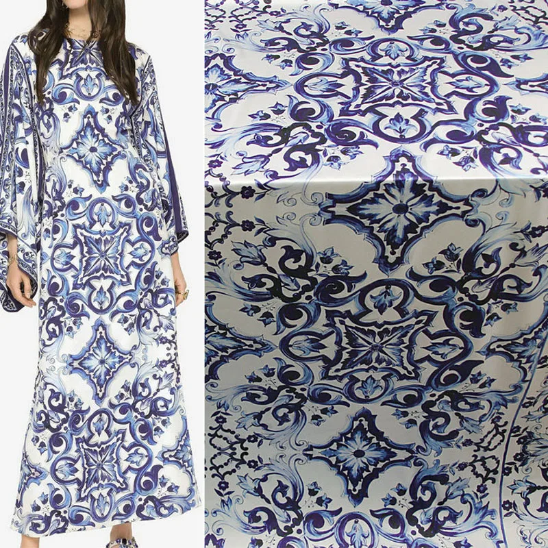 Europe-And-America-Blue-And-White-Porcelain-Printed-Imitate-Silk-Satin ...