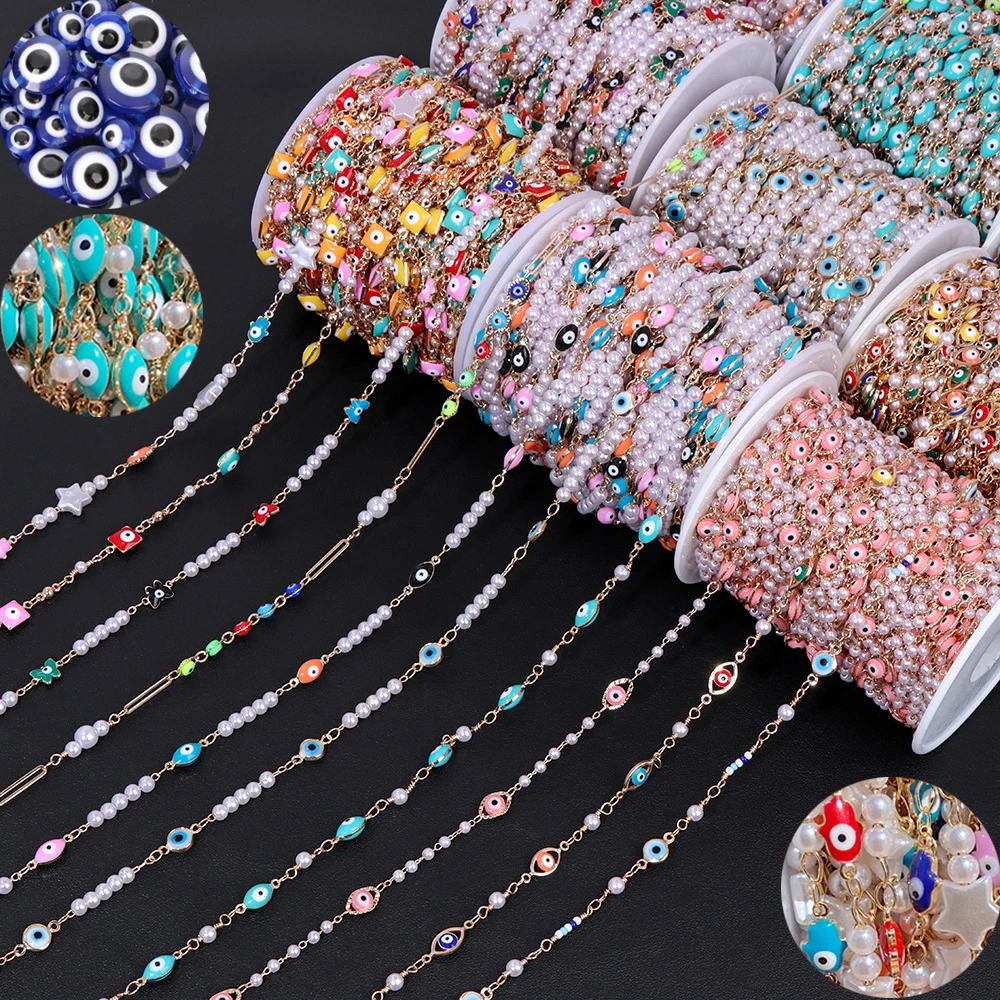 Colorful-Evil-Eye-Beads-Chains-Stainless-Steel-Link-Pearl-Beaded-Chains ...