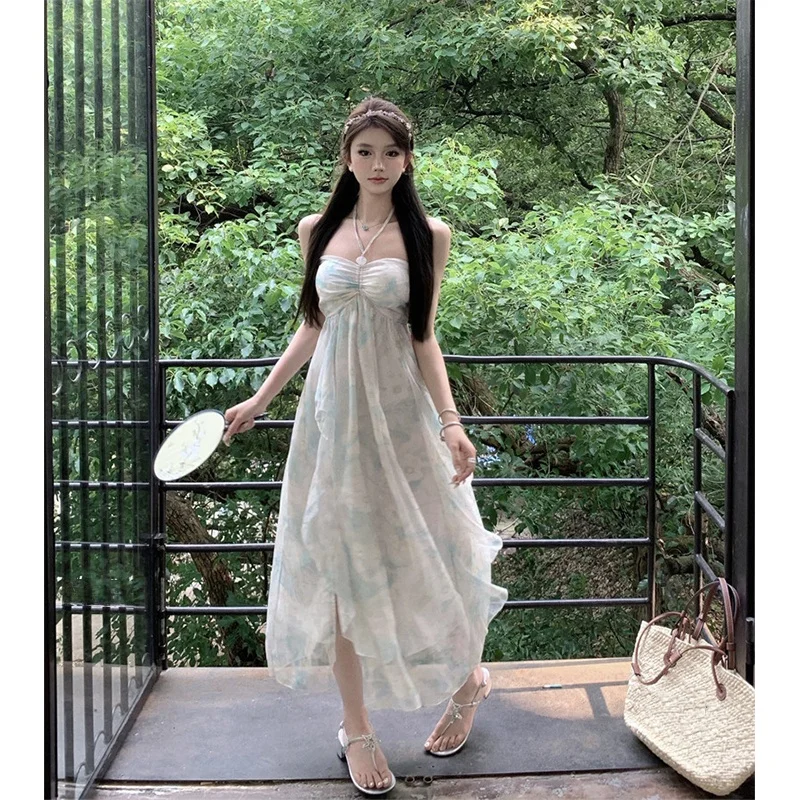 목 꽃 무늬 오프 숄더 드레스 여성 여름 새로운 휴가 스타일 슬리밍 미디 드레스 순수한 욕망 슬리밍 스커트 패션