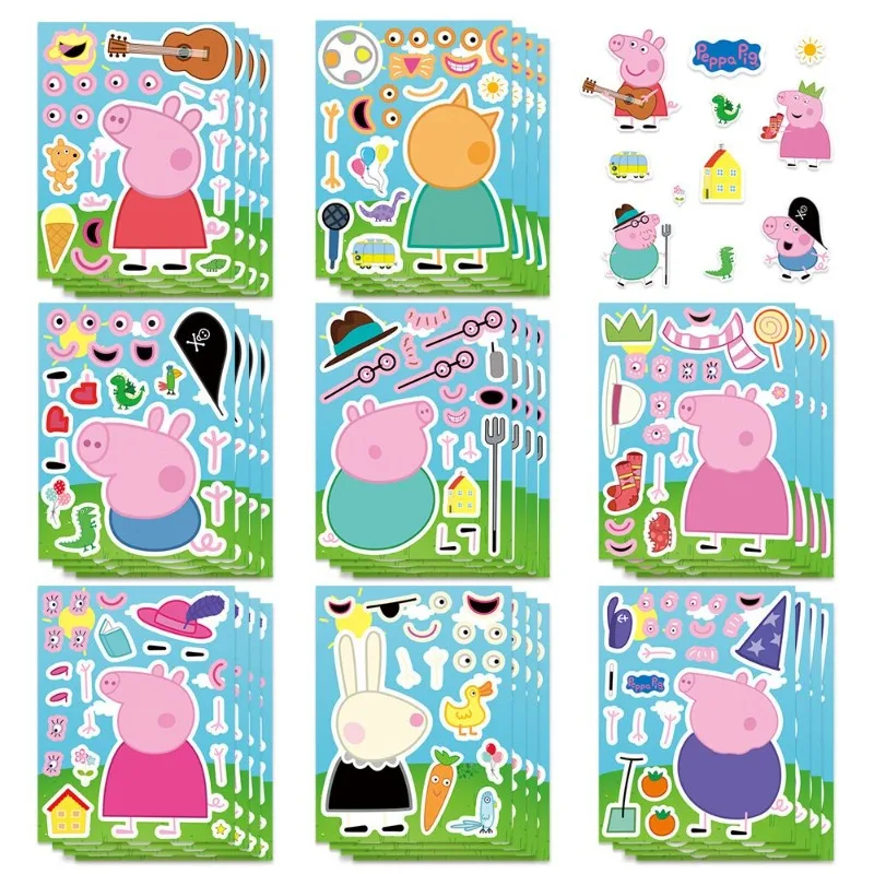 16 Peppa Pig family assembly puzzle cartoon stickers, pink and blue ...