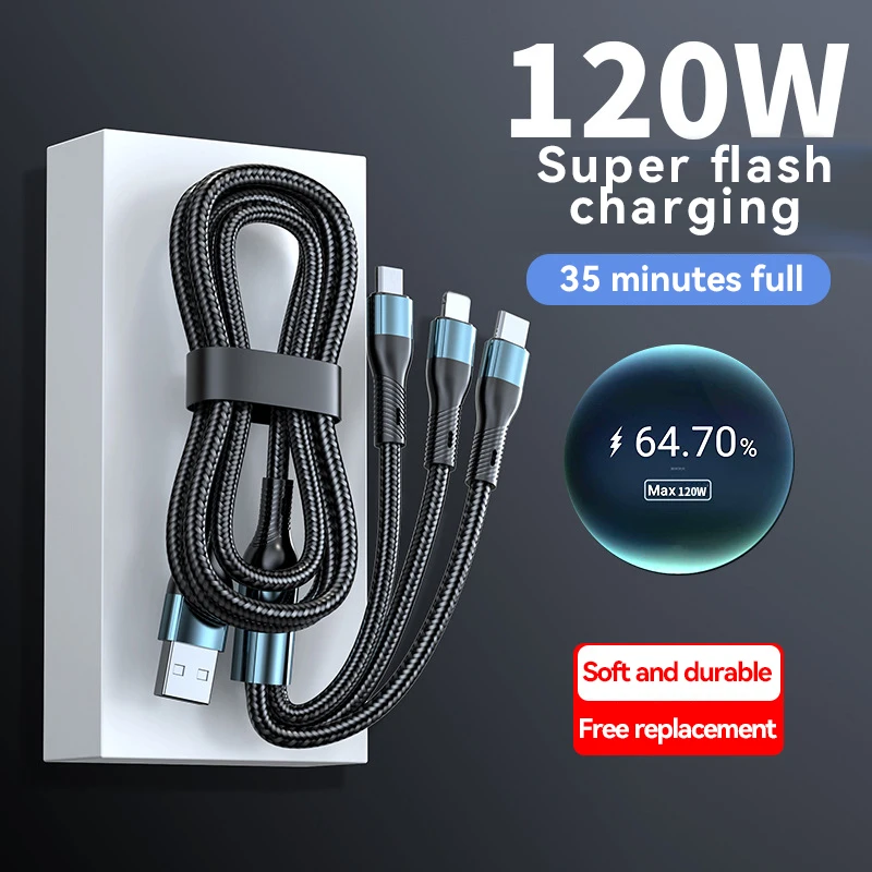 120W 5A 3 In 1 USB Fast Charging Cable Micro USB Type C Cable Data Cord ...