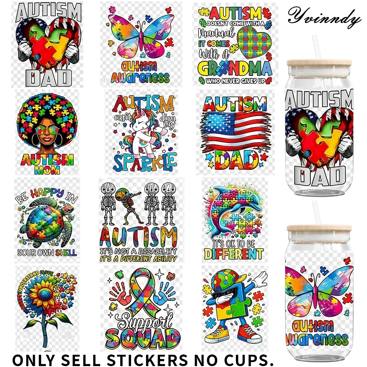 4Pcs/Set Care And Love For Autism 16OZ Glass Jar Transfer Paper UV DTF ...