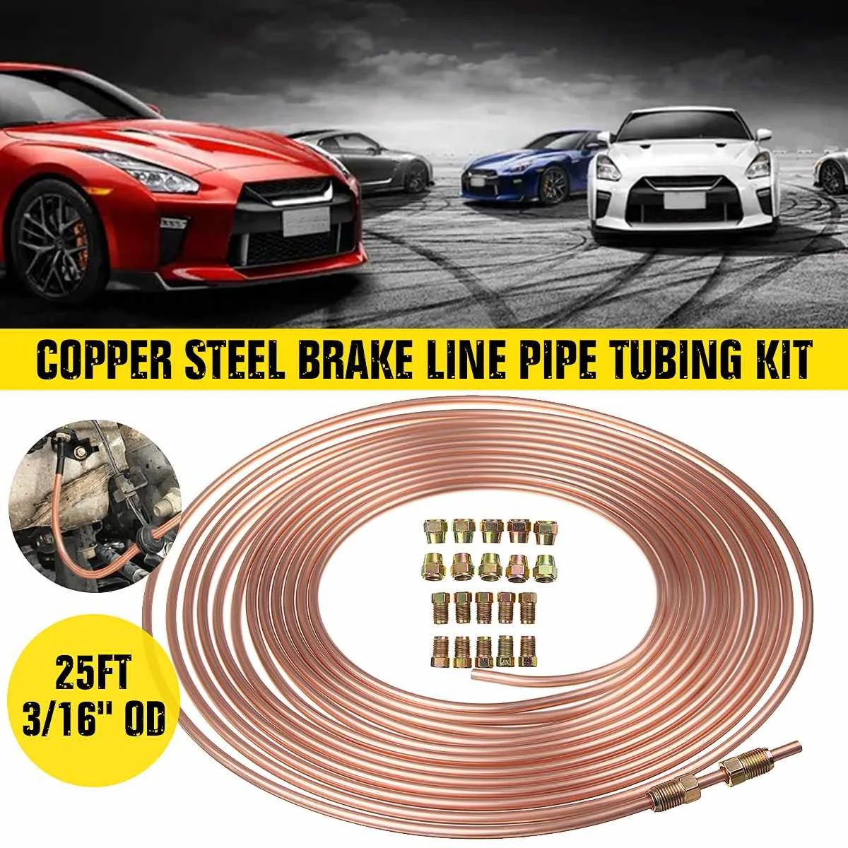 Universal-7-62m-25Ft-Copper-Brake-Line-Tubing-Kit-Fitting-3-16-OD-w ...