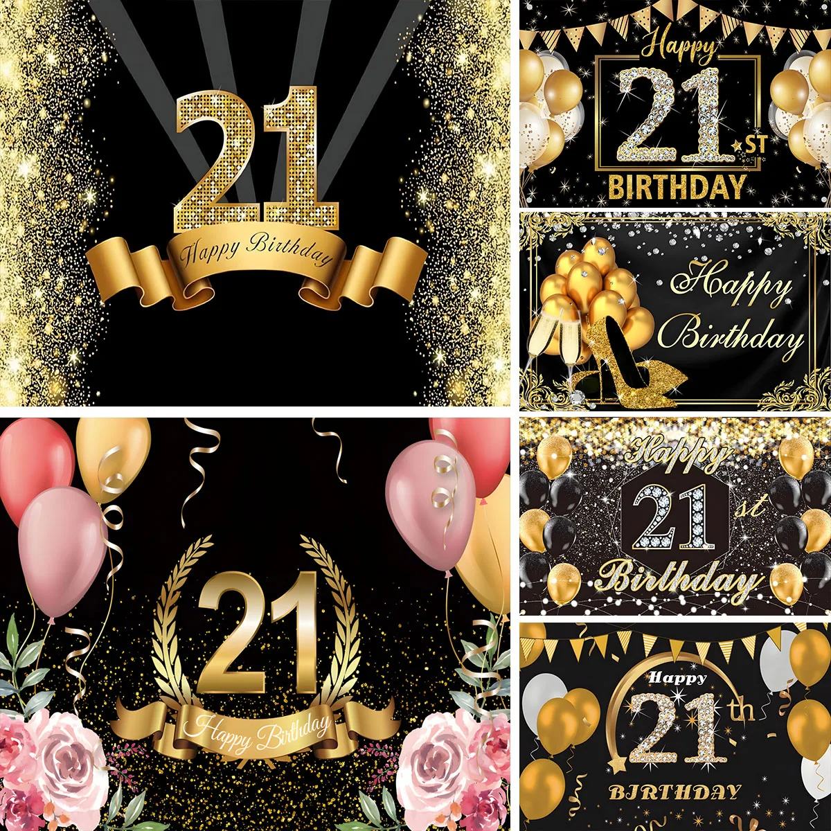 Black-21st-Birthday-Backdrop-Happy-21-Years-Old-Banner-Champagne-Photo ...