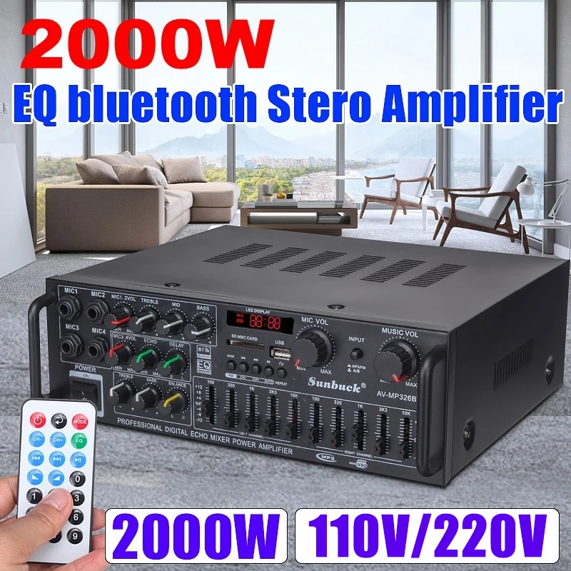 2000W Bluetooth 2.0 Channel Power Amplifier 12V 110V/220V Car Audio ...