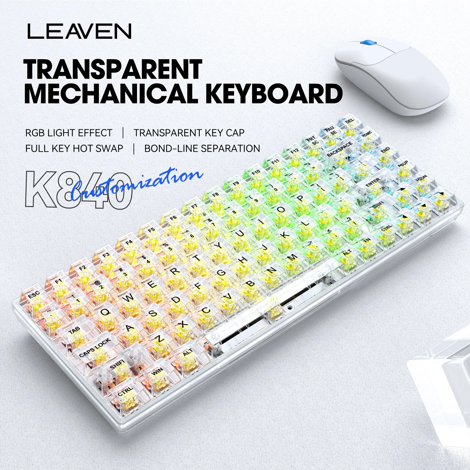 LEAVEN-K840-Teclado-mec-nico-transparente-teclado-com-fio-Hot-Swappable ...