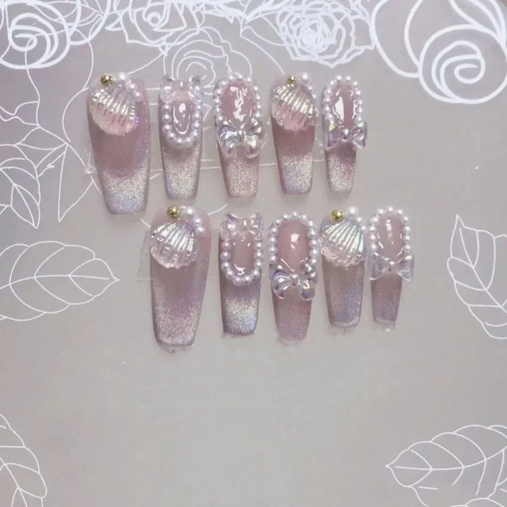 Gorgeous Sailor Moon Nail Art Heavy Shells Cat's Eye Pearl Fake Nails ...