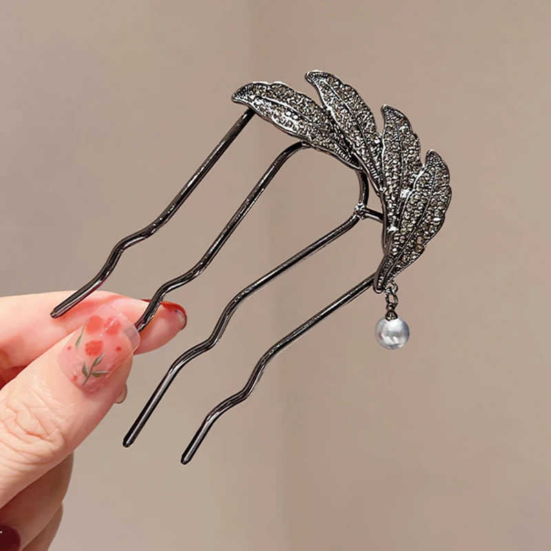 Chinese Antique Style Rhinestone Leaf U-shaped Hair Comb With Pearl ...