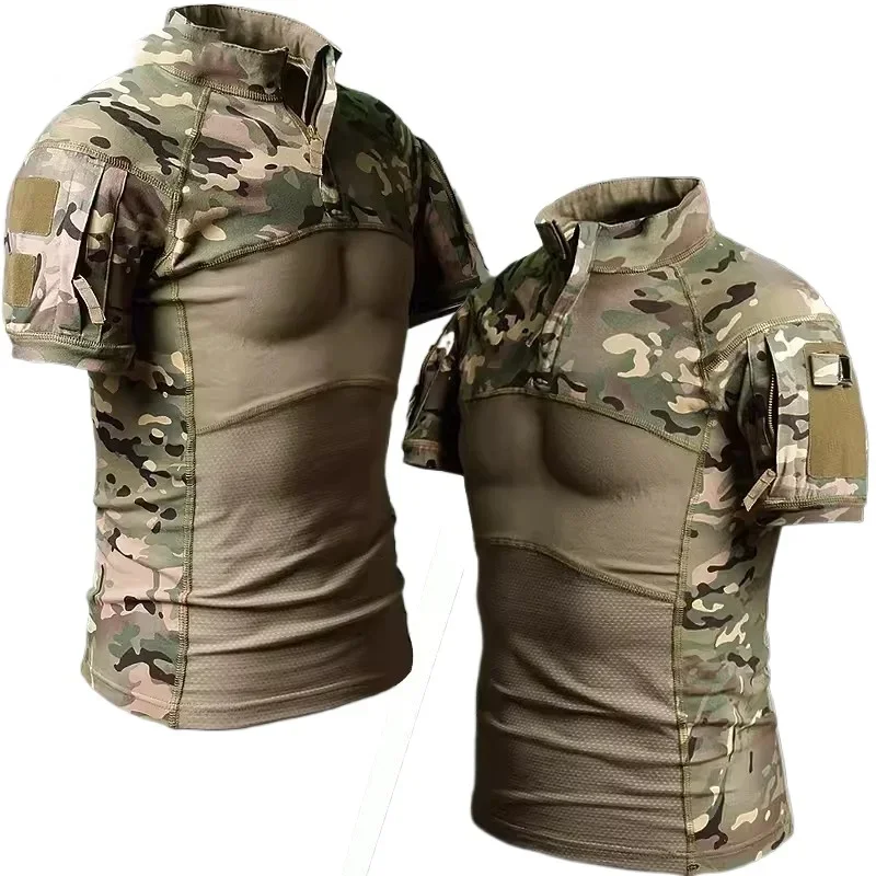 Tactical T-shirt Field Combat Tops Half Zipper Knitting Camo Hiking T ...