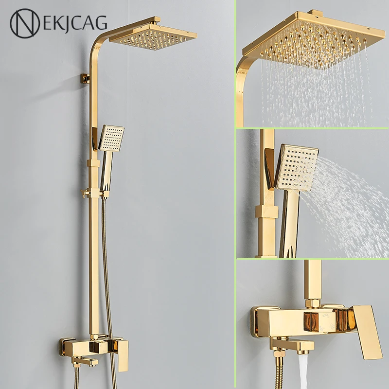 Golden-Bathroom-Shower-Faucet-Handshower-Set-Single-Handshower-Handshower-Square-Rainfall-Wall ...