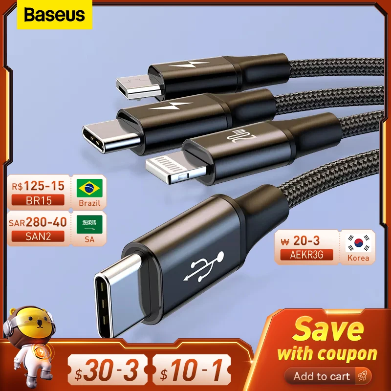 Baseus 20w pd 3 em 1 usb tipo c cabo para iphone 12 11 xs max carregador cabo para macbook ipad ...