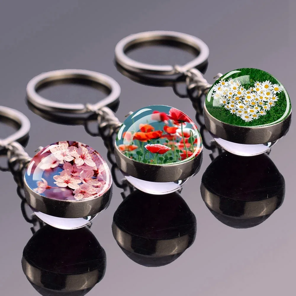Flower Keyring Rose Lotus Cherry Blossoms Sunflower Keychains Glass ...