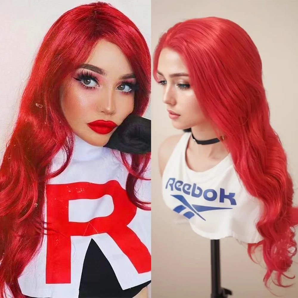 WIF Hot Red Synthetic Wave Hair Cosplay Wig Red Body Wave Heat Fiber ...