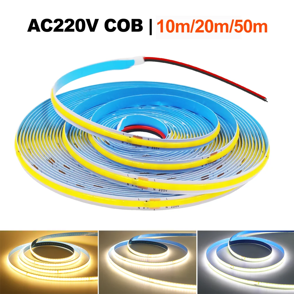 220V COB LED Strip Light 5M 10M 20M 50M Flexible Tape Lights with IC ...