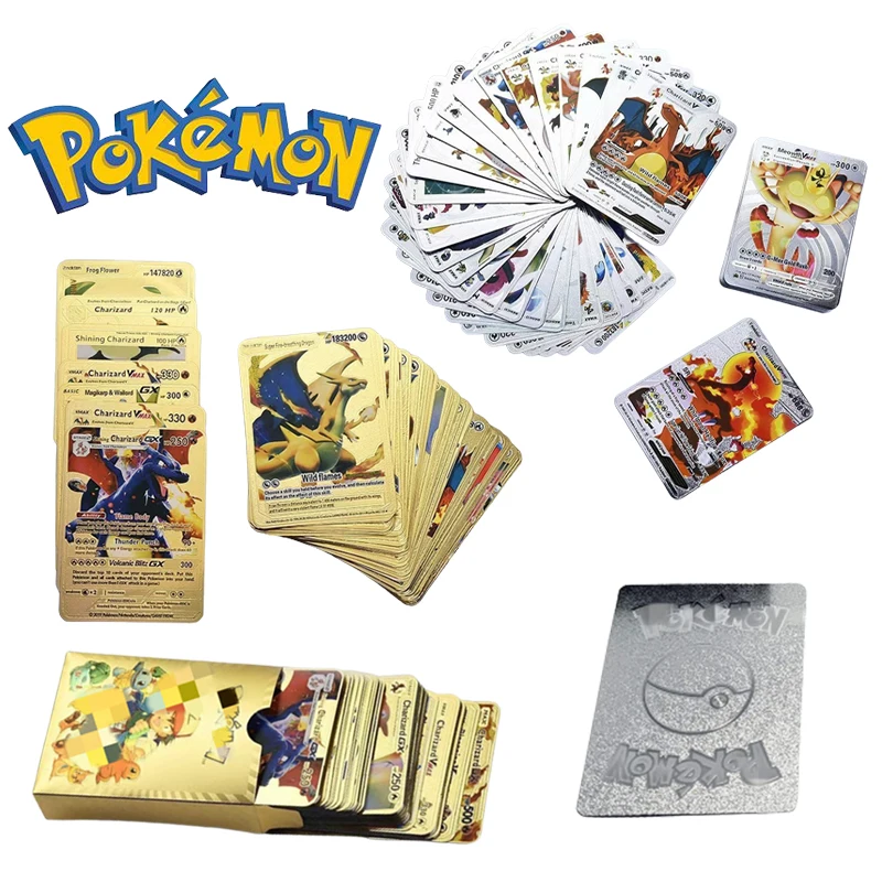 55pcs Pokemon Pikachu Card Toy Game Gold Black Silver Cartoon Anime ...