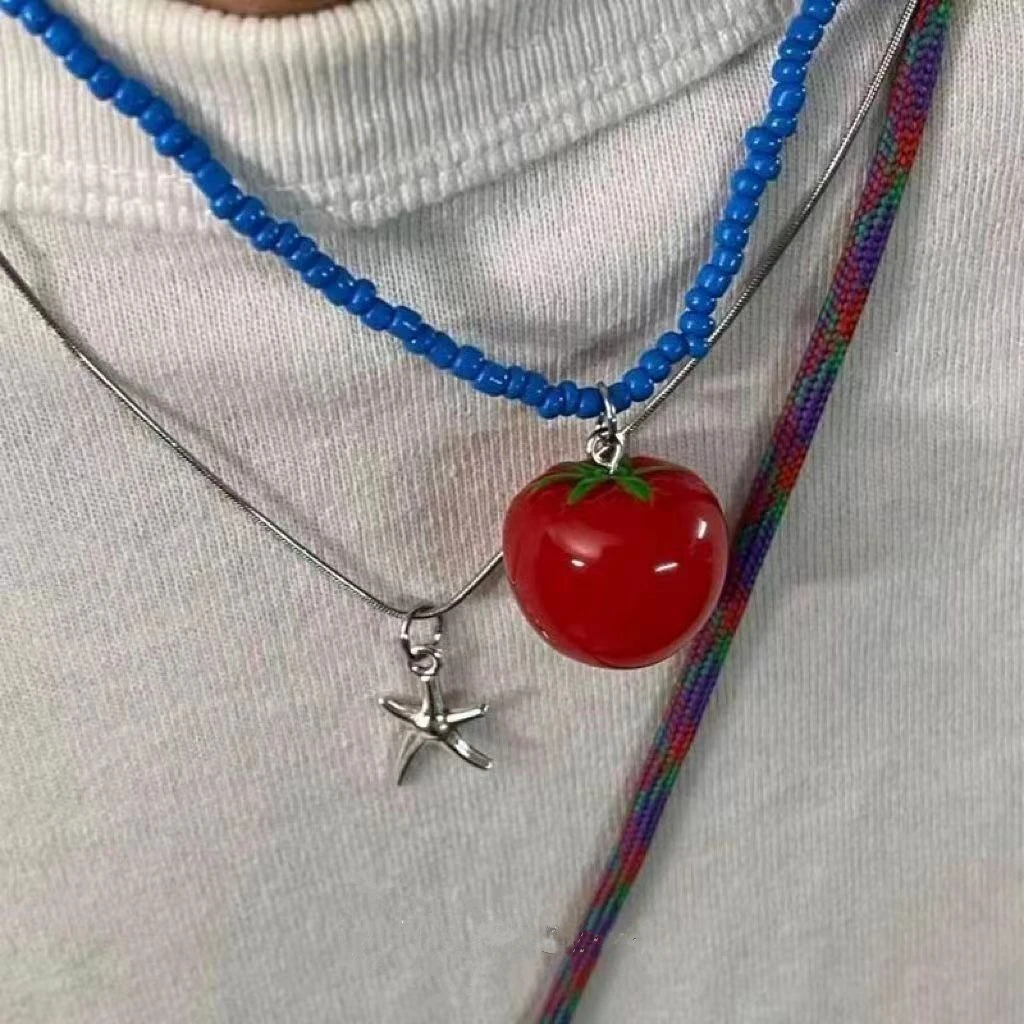 Kpop-Fashion-Cute-Fruit-Tomato-Pendant-Colorful-Beaded-Necklace-For ...