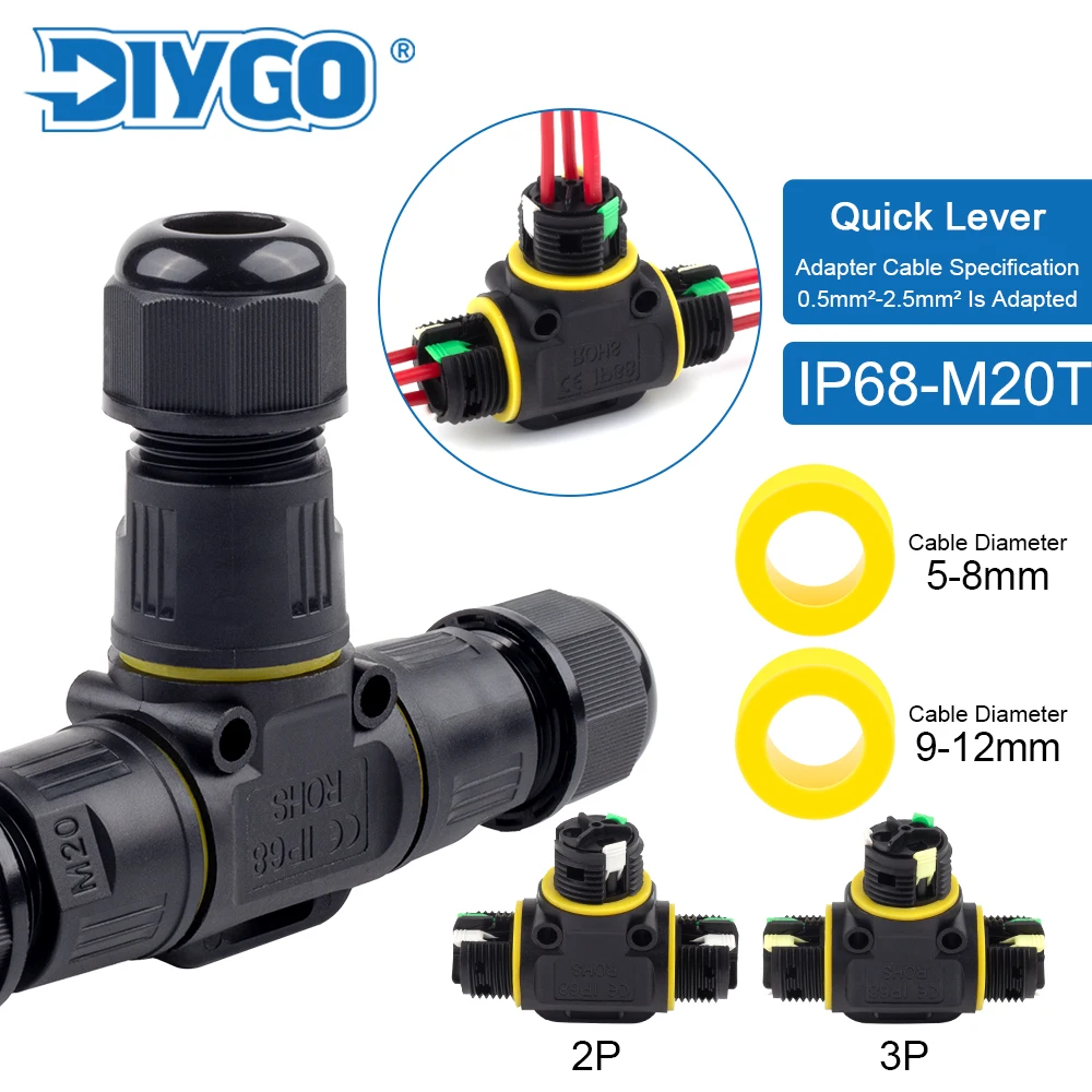 IP68-M20-T-Type-3-Way-Waterproof-Cable-Connector-2-3Pin-Lever-Wiring ...