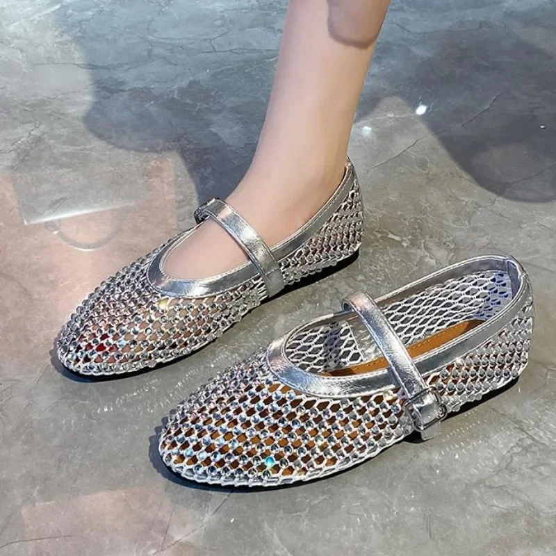 Luxury Crystal Rhinestone Fishnet Ballet Flats Woman Brand Design Rivet ...