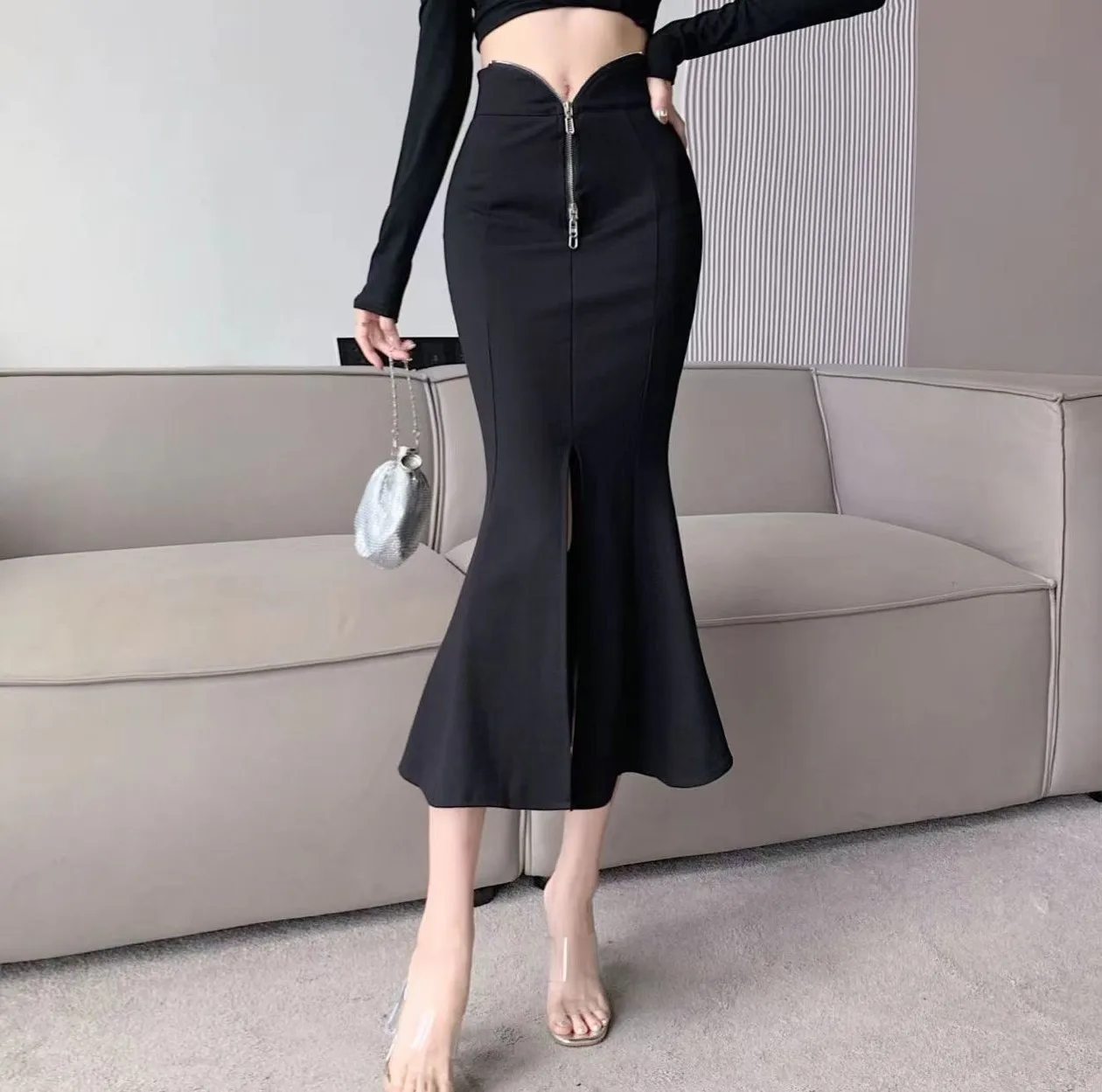 Women-s-Knee-length-Fishtail-Skirts-Black-Package-Hip-High-Waist-Zipper ...