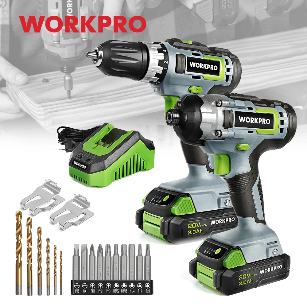 Workpro 20v Cordless Electric Drill And Impact Screwdriver Driver Set ...