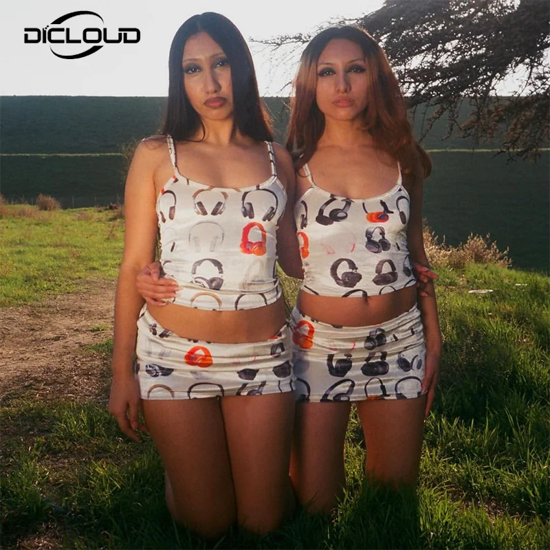 Y2k Hot Girls Fashion American Vintage 3d Headphones Two Pieces Set Summer 2023 Sexy Skinny Slim ...