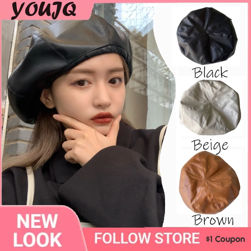 Y2k Women's Solid Color Pu Leather Beret Hot Girl Trend Big Head ...