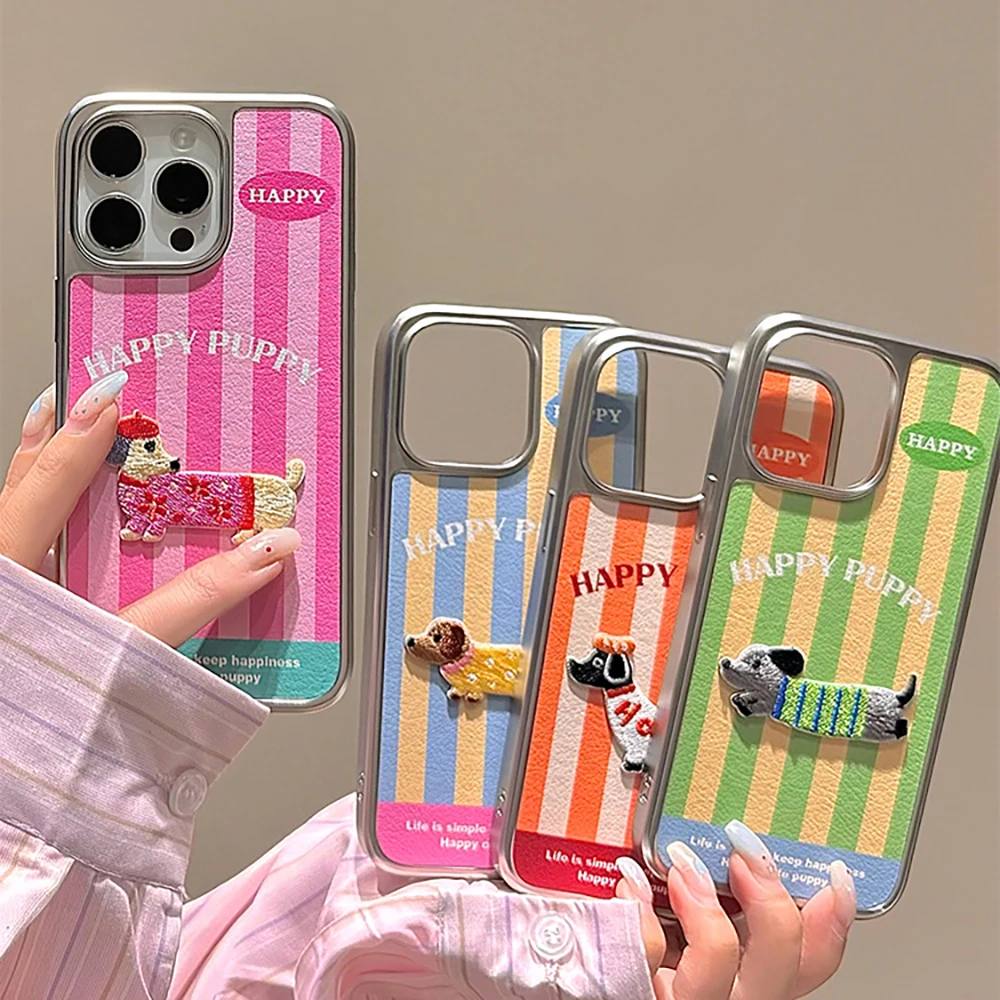 Korean-Cte-3D-Embroidery-Dog-stripes-Phone-Case-For-iPhone-15-14-13-11 ...