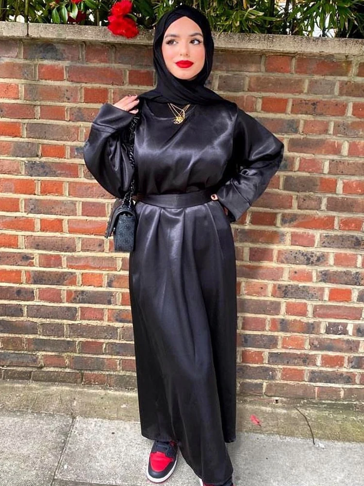 Plain 2-piece Muslim Sets Satin Abaya Dress&matching Chiffon Hijab ...
