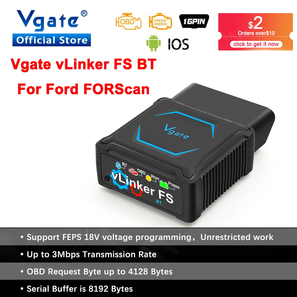 Vgate Vlinker Fs Elm327 Bluetooth For Android/ios For Ford Forscan Hs ...