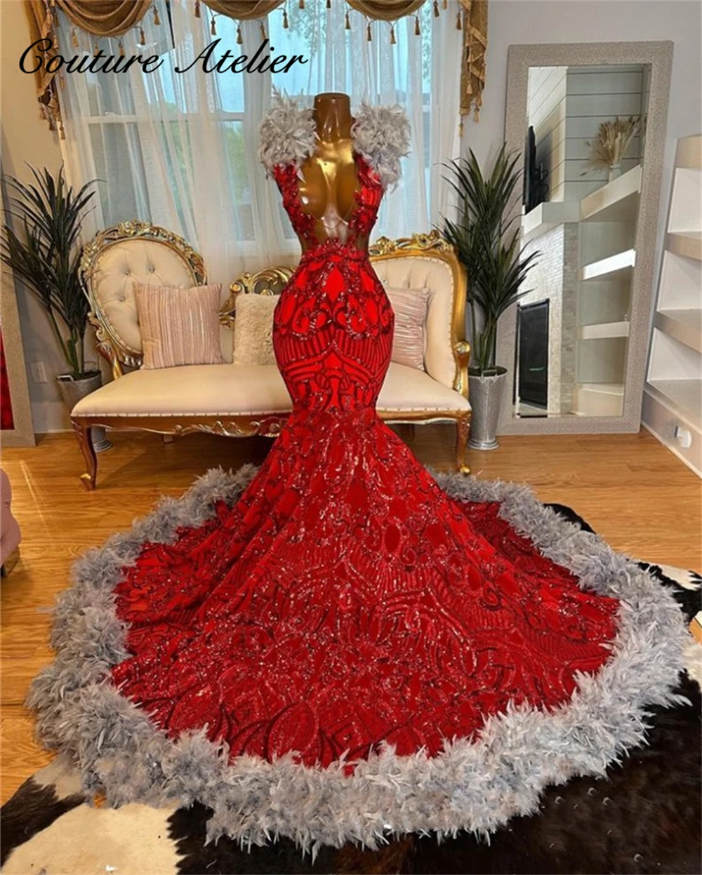 Luxury-Red-Sequined-Lace-Grey-Feather-Prom-Dresses-2024-For-Birthday ...