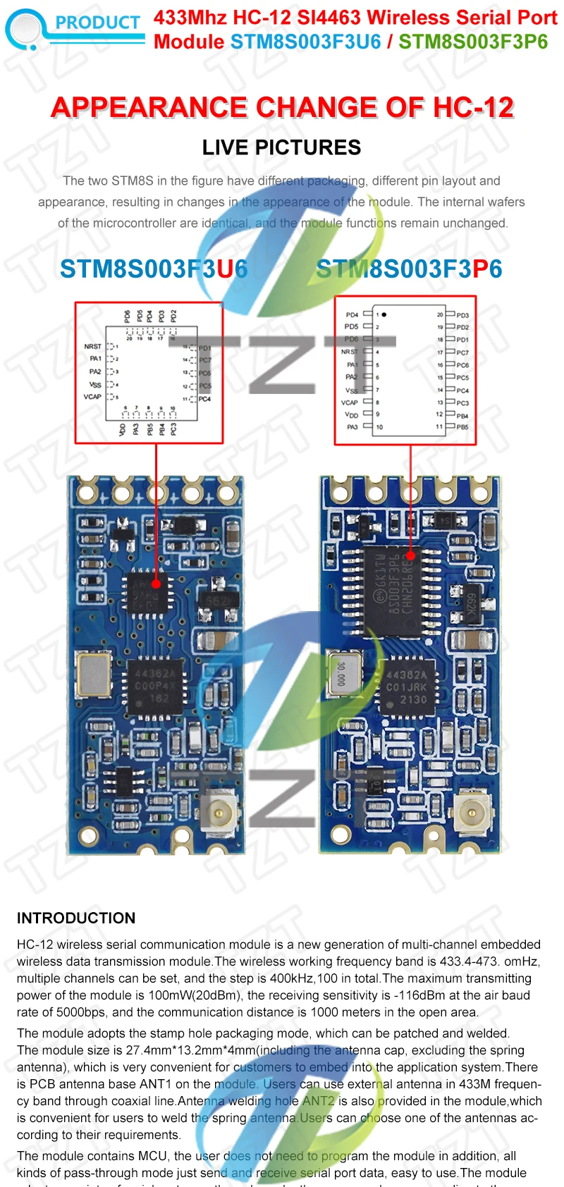 Circuits intégrés,new version--TZT 433Mhz HC 12 SI4463 Sans Fil Série ...