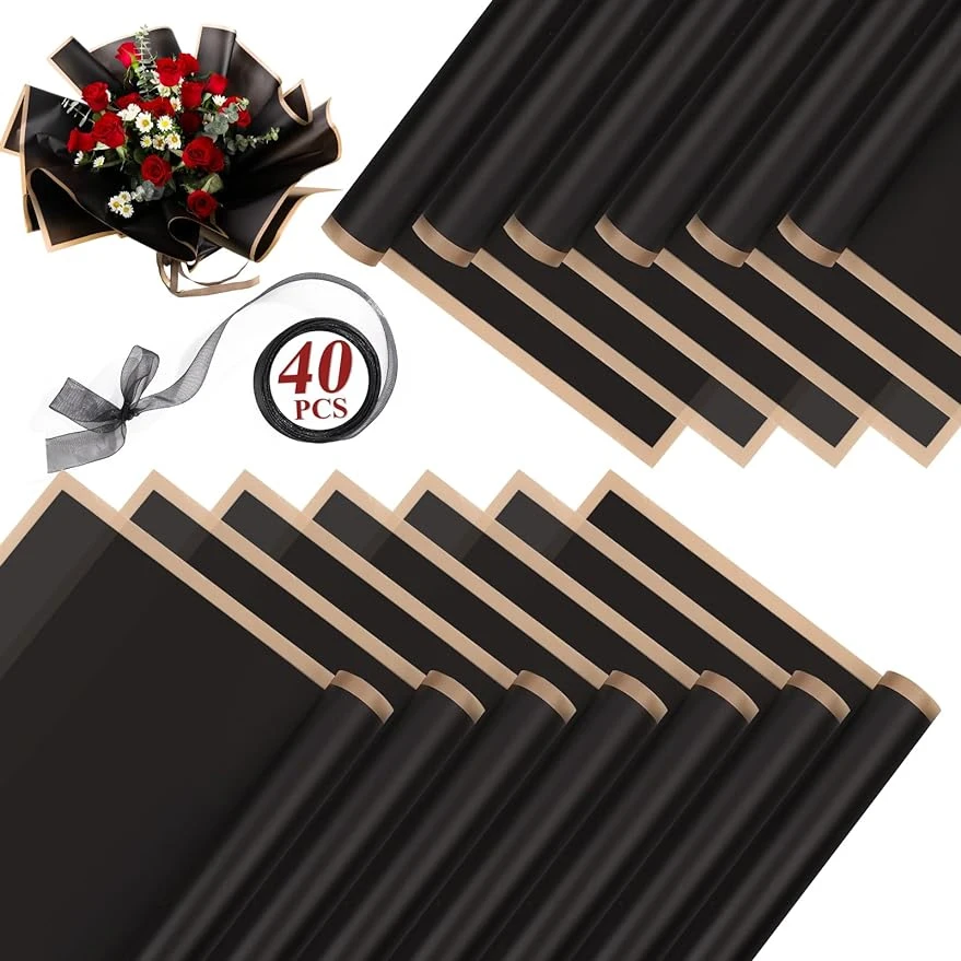 40PCS-PACK-Black-Golden-Border-Rose-Flower-Wrapping-Paper-Korean-Style ...