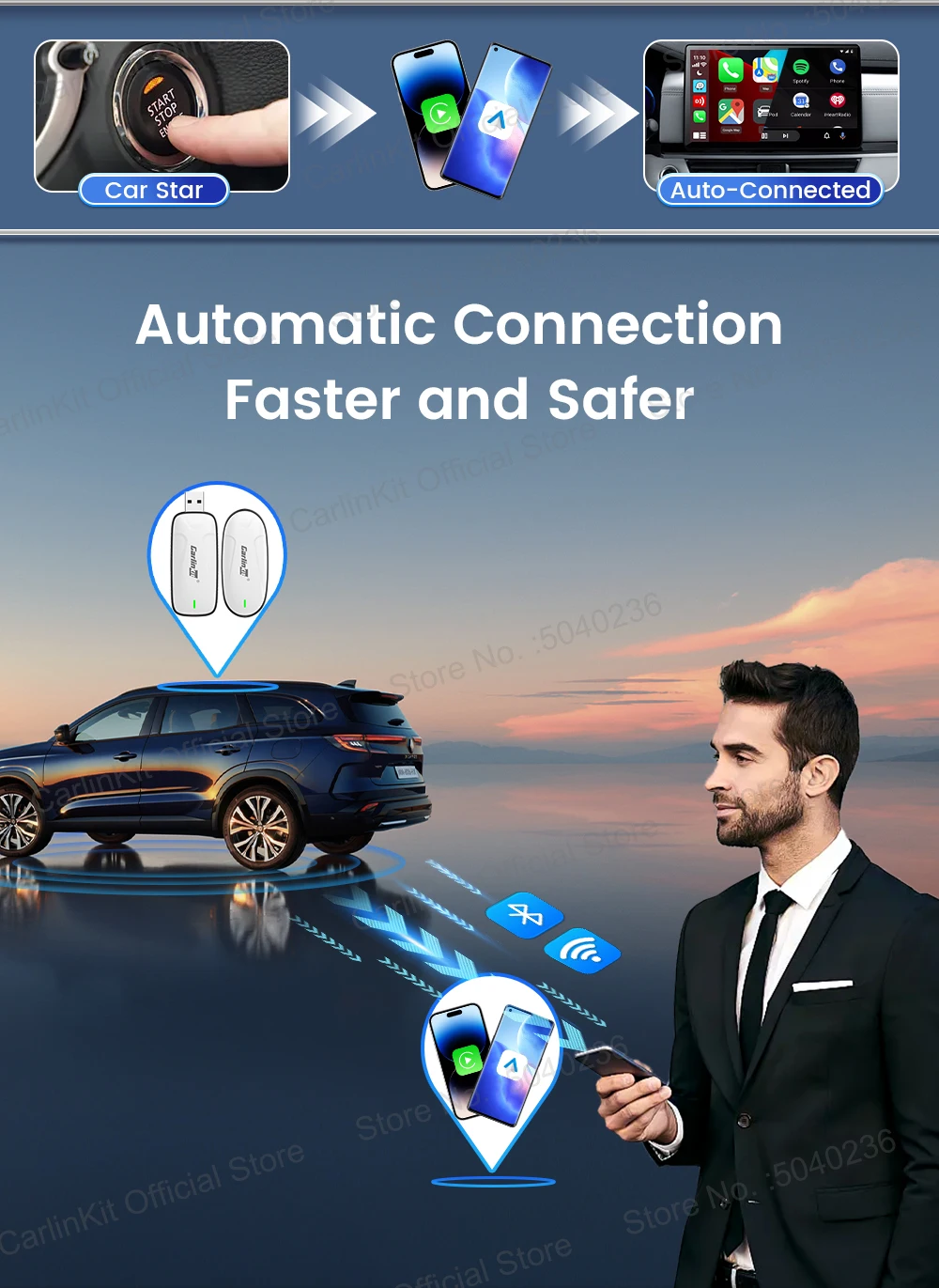 CarlinKit X1CA Baidu Carlife Проводной к беспроводному адаптеру CarPlay Android Auto 2в1 ...