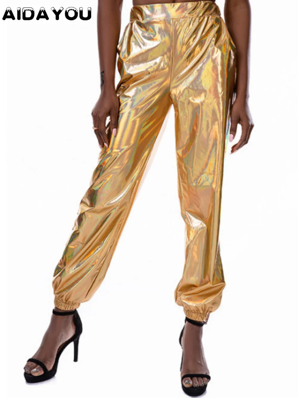 Women's Metallic Shinny Pants Casual Holographic Jogger Sweatpants Punk ...