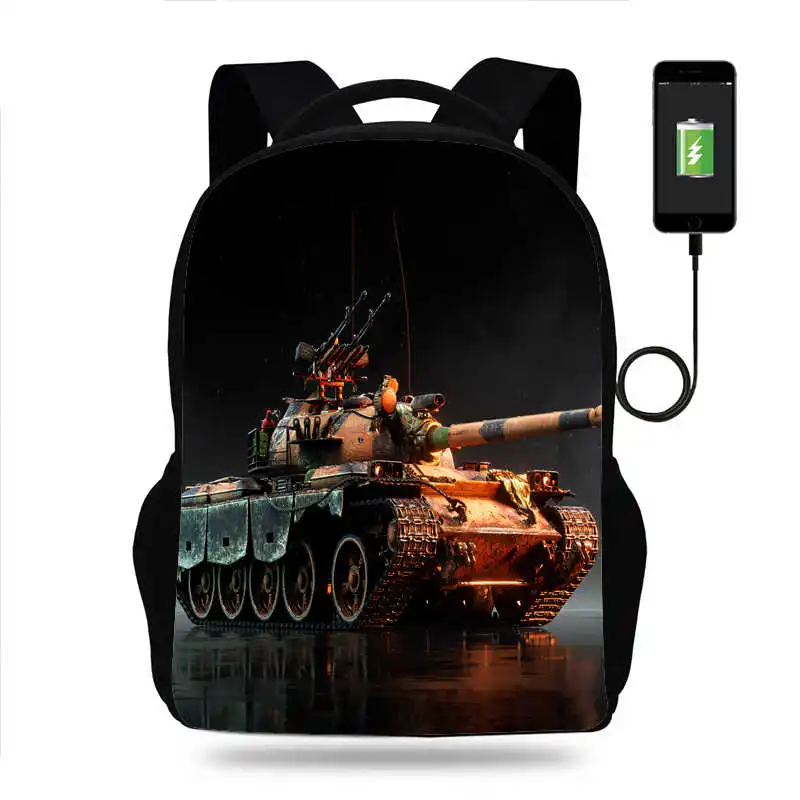 Nylon Backpack with Tanks of World School Bag War Thunder Prints with USB Charge Port Custom ...