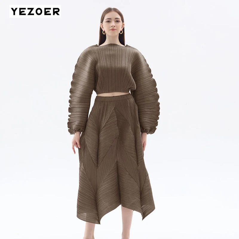 YEOZER-Miyake-Women-s-2-Piece-Irregular-Solid-Color-Short-Top-Pants-Set ...