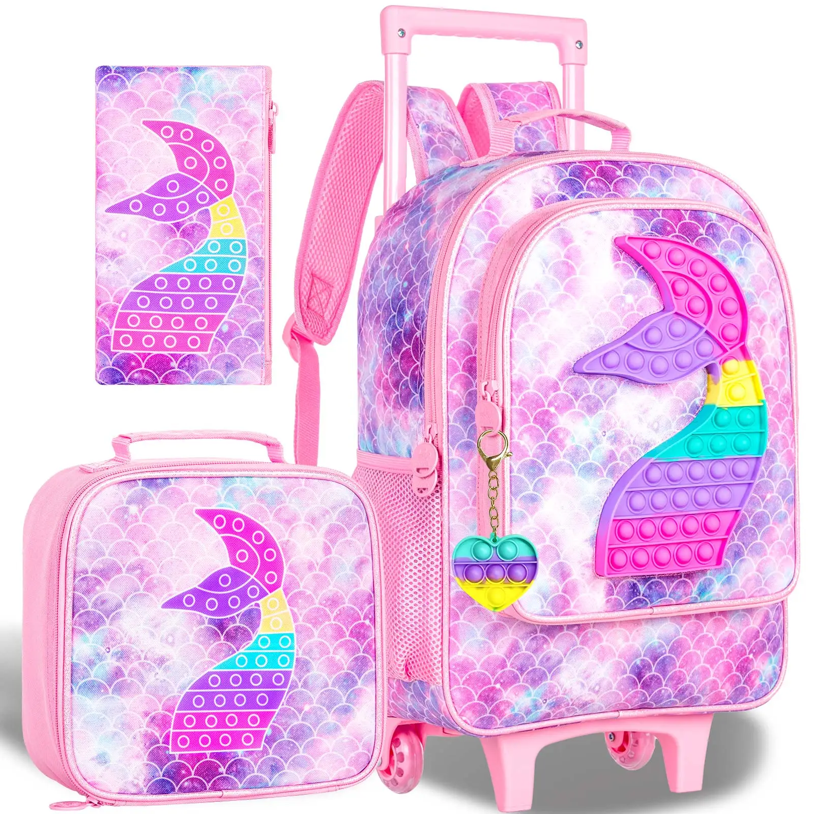 3PCS Kids Rolling Backpack for Girls, Mermaid Roller Wheeled Bookbag ...