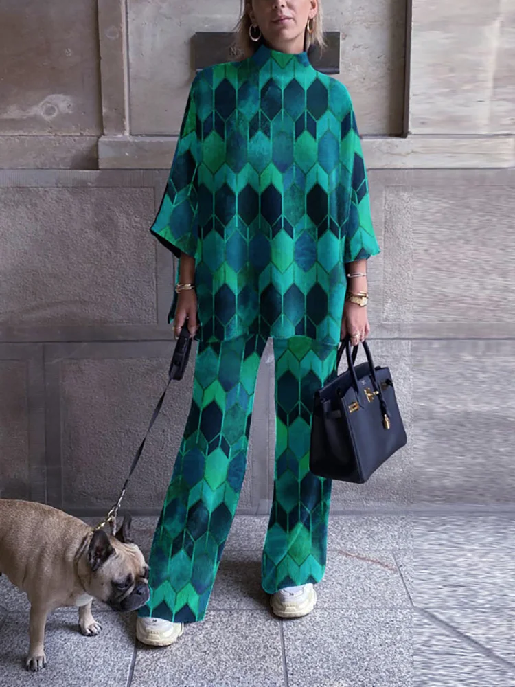 Half High Collar And Tops Wide Leg Pants Suit Spring Autumn Women ...