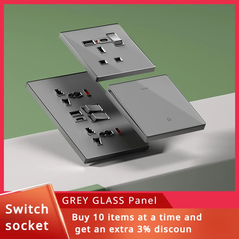 Deluxe-Grey-Tempered-Glass-Panel-UK-13A-Plug-Electrical-Socket-Double-3 ...